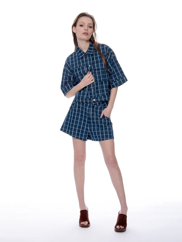 Check Print Denim Short Pants - Gracia Fashion