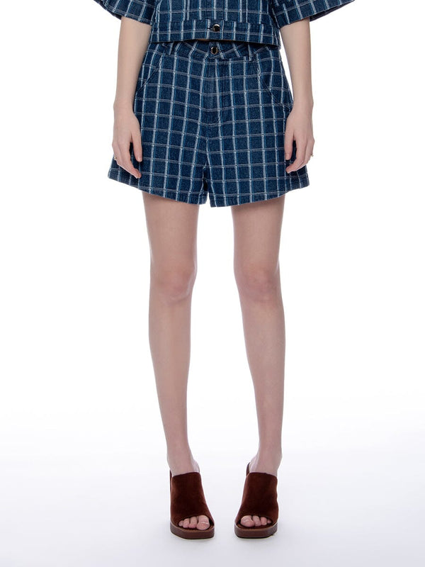 Check Print Denim Short Pants - Gracia Fashion