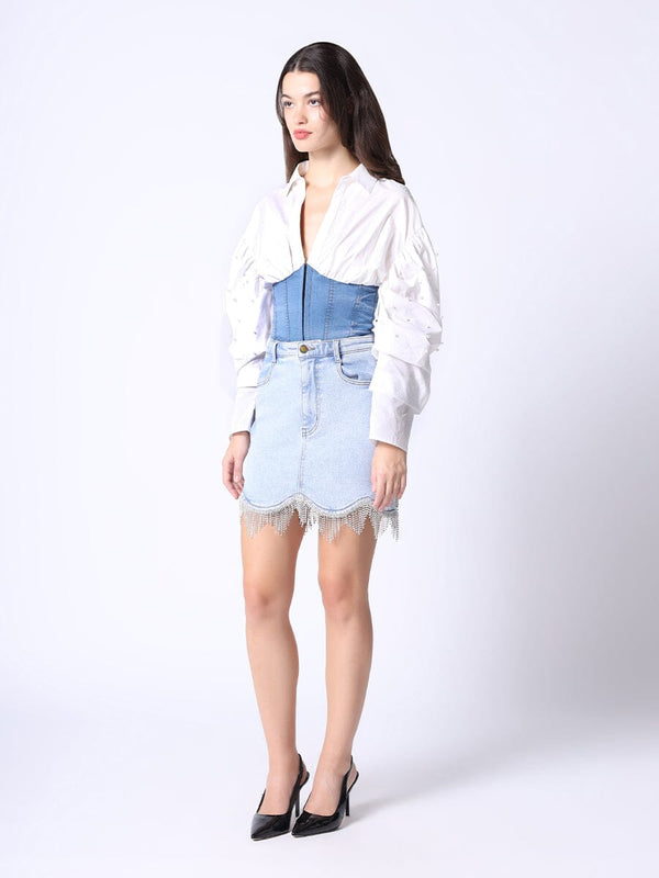 Denim Corset Waist Pearl Point Puff Sleeve Top - Gracia Fashion